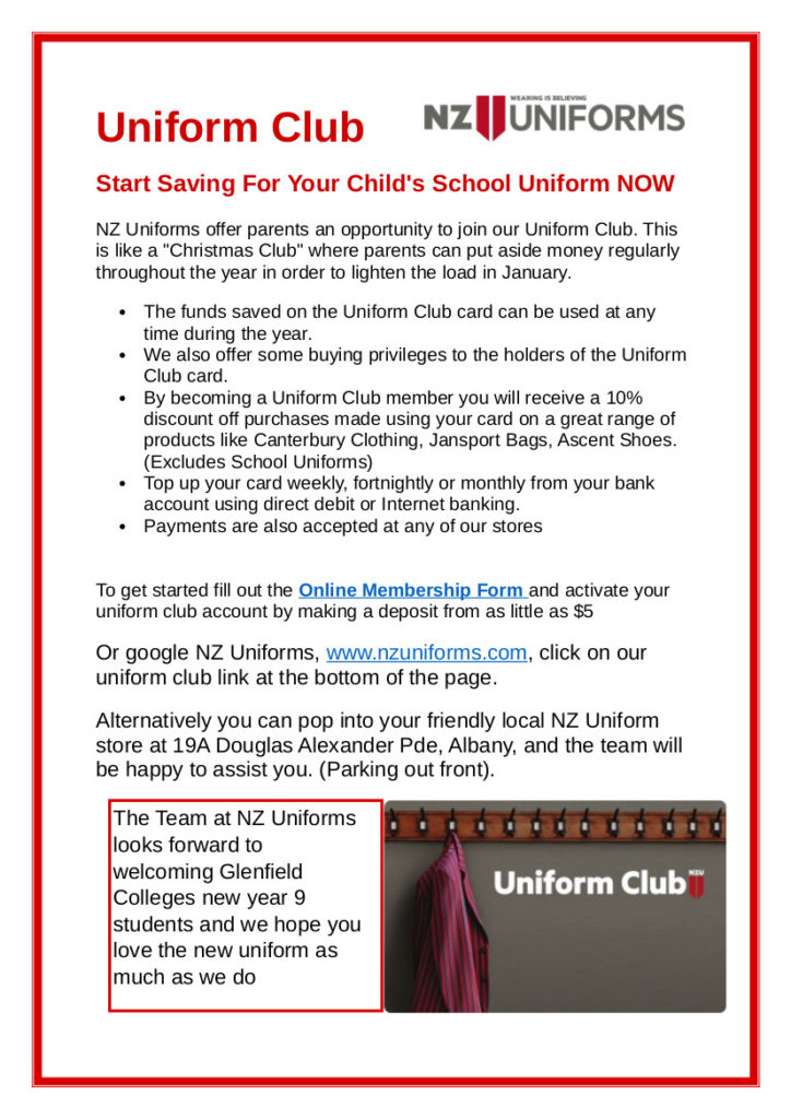 Uniform Club info sheet – Glenfield College