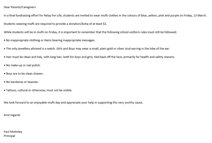 Mufti Day this Friday 13th March – Glenfield College